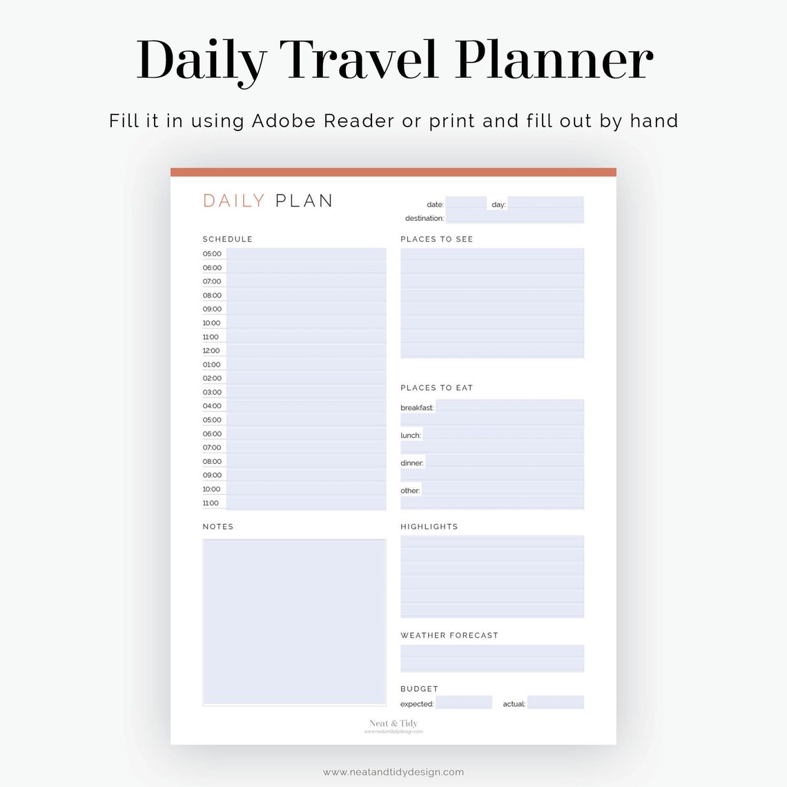Daily Travel Planner - Fillable - Travel Planner, Vacation Planner ...