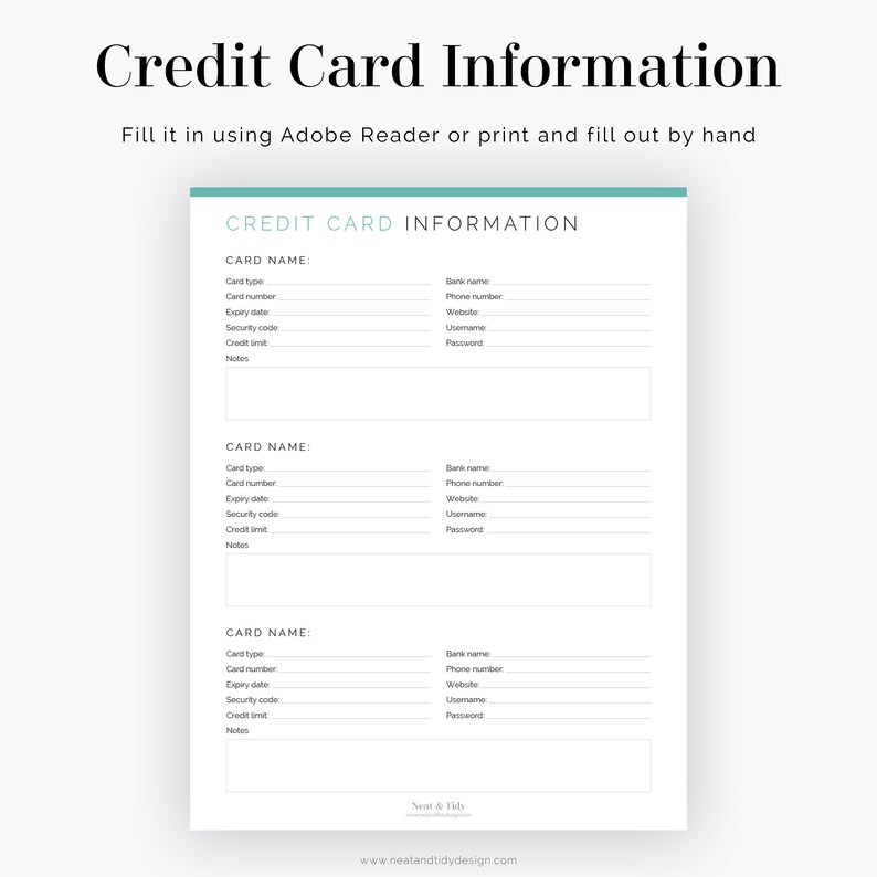 Credit Card Information - Fillable - Printable PDF - Finance Planner ...