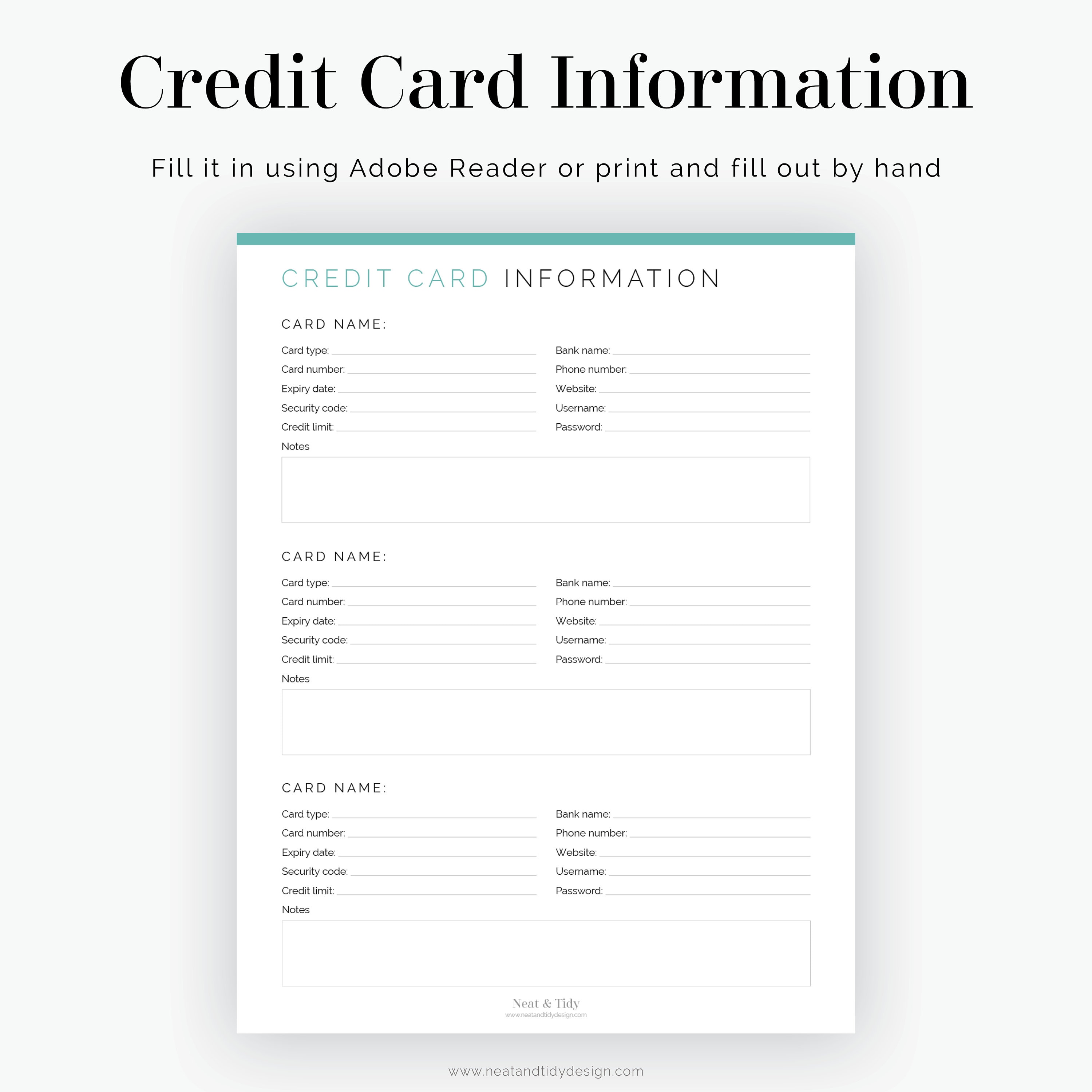 Credit Card Information - Fillable - Printable PDF - Finance Planner ...