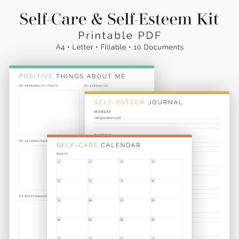 Self-care & Self-esteem Kit 10 Documents Fillable Printable PDF Mental ...
