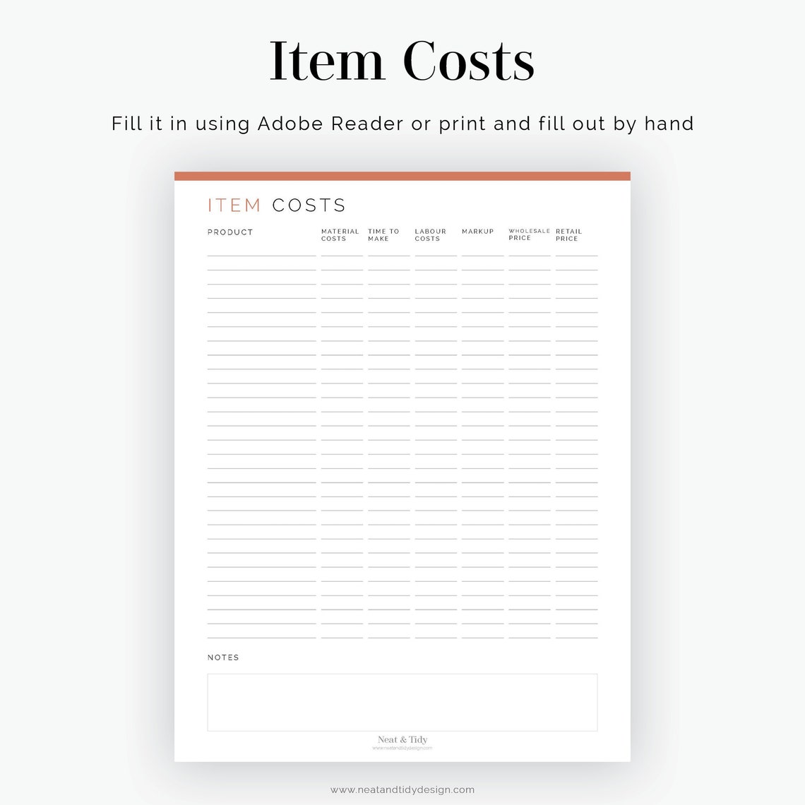 Item Cost Worksheet Fillable Printable PDF Business Planner Instant ...