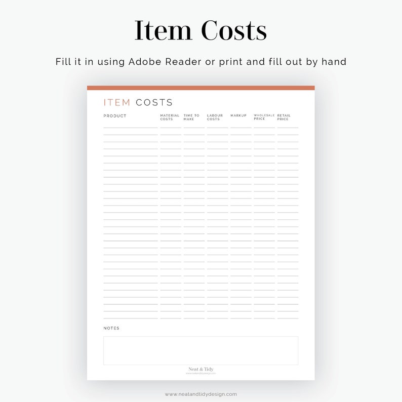 Item Cost Worksheet Fillable Printable PDF Business Planner Instant ...