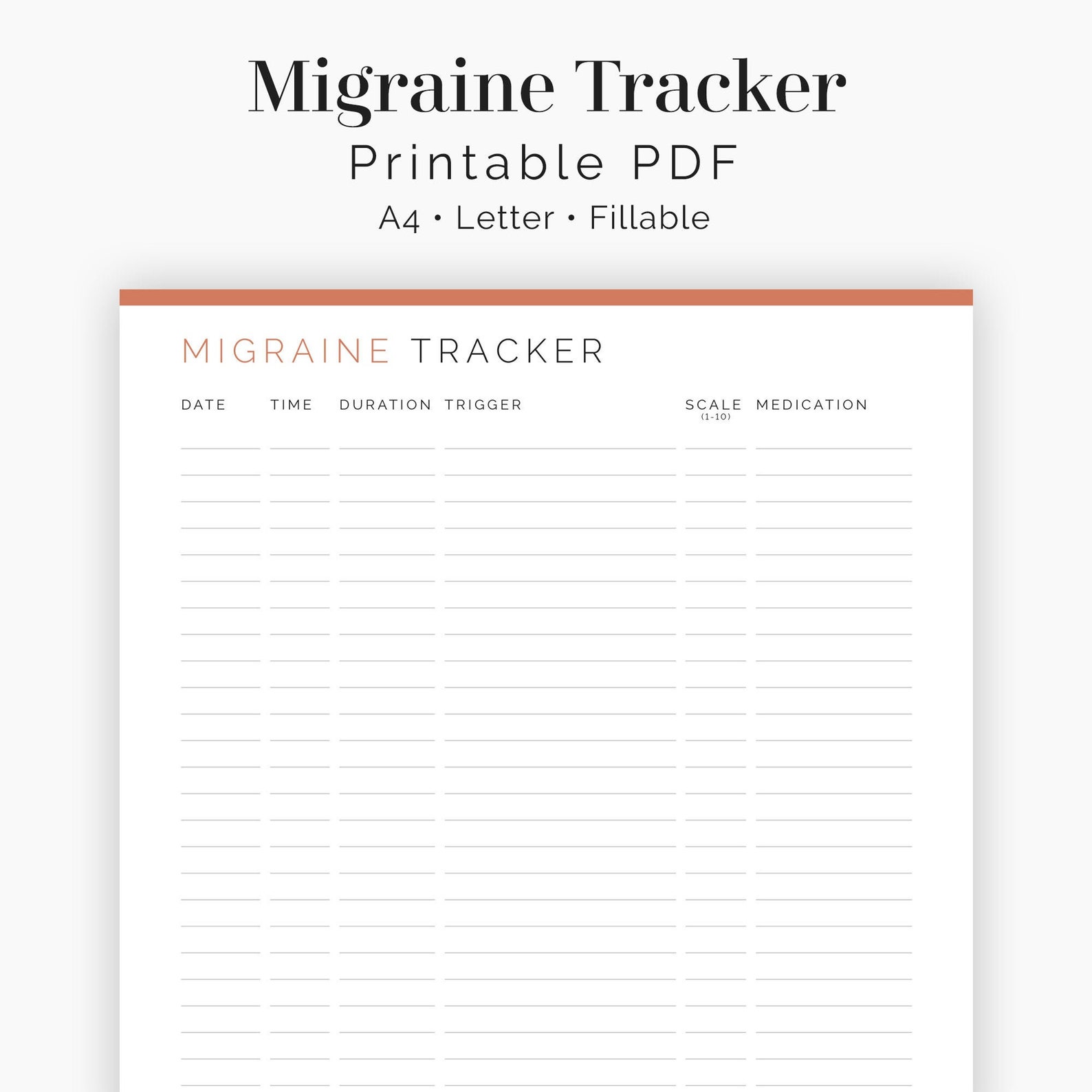 Migraine Tracker Fillable Headache Log, Healthcare Planner, Medical ...
