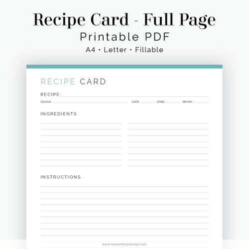 Recipe Card Full Page Fillable Printable PDF Teal - Etsy