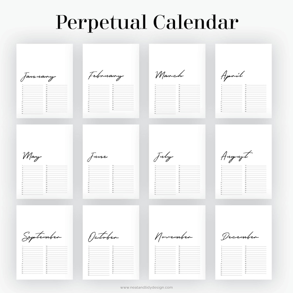 Printable Perpetual Wall Calendar brush Script Printable - Etsy