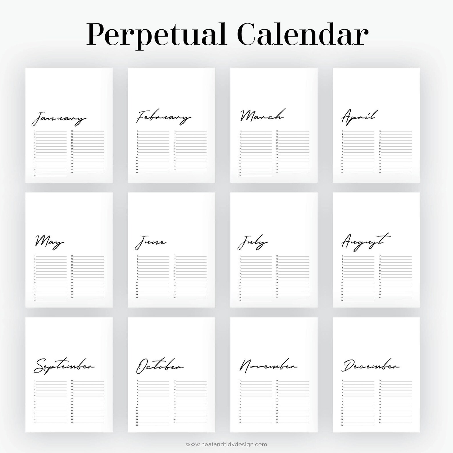 Printable Perpetual Wall Calendar brush Script Printable - Etsy
