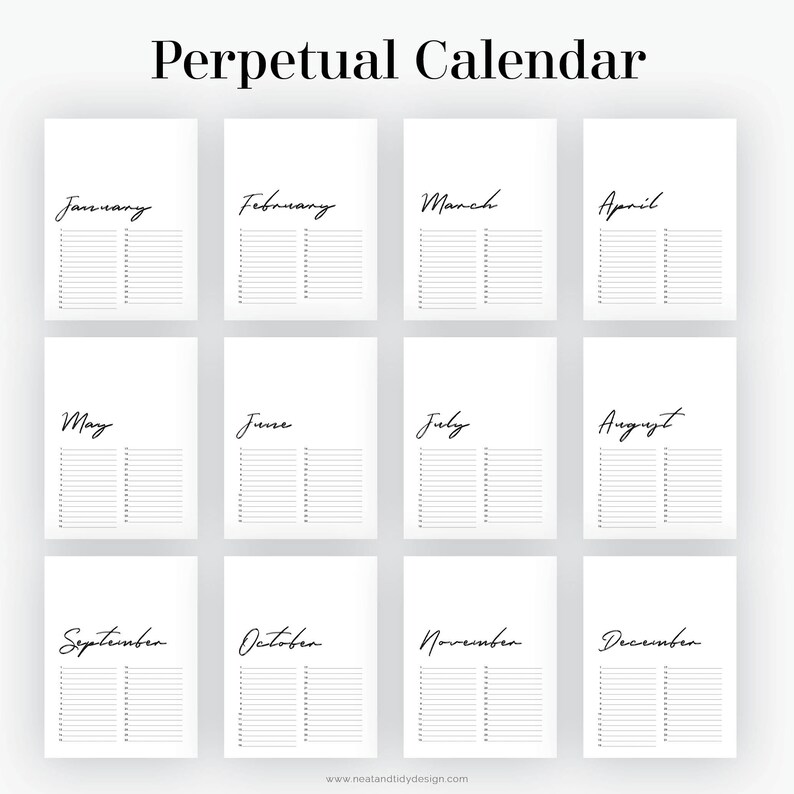 Printable Perpetual Wall Calendar brush Script Printable - Etsy
