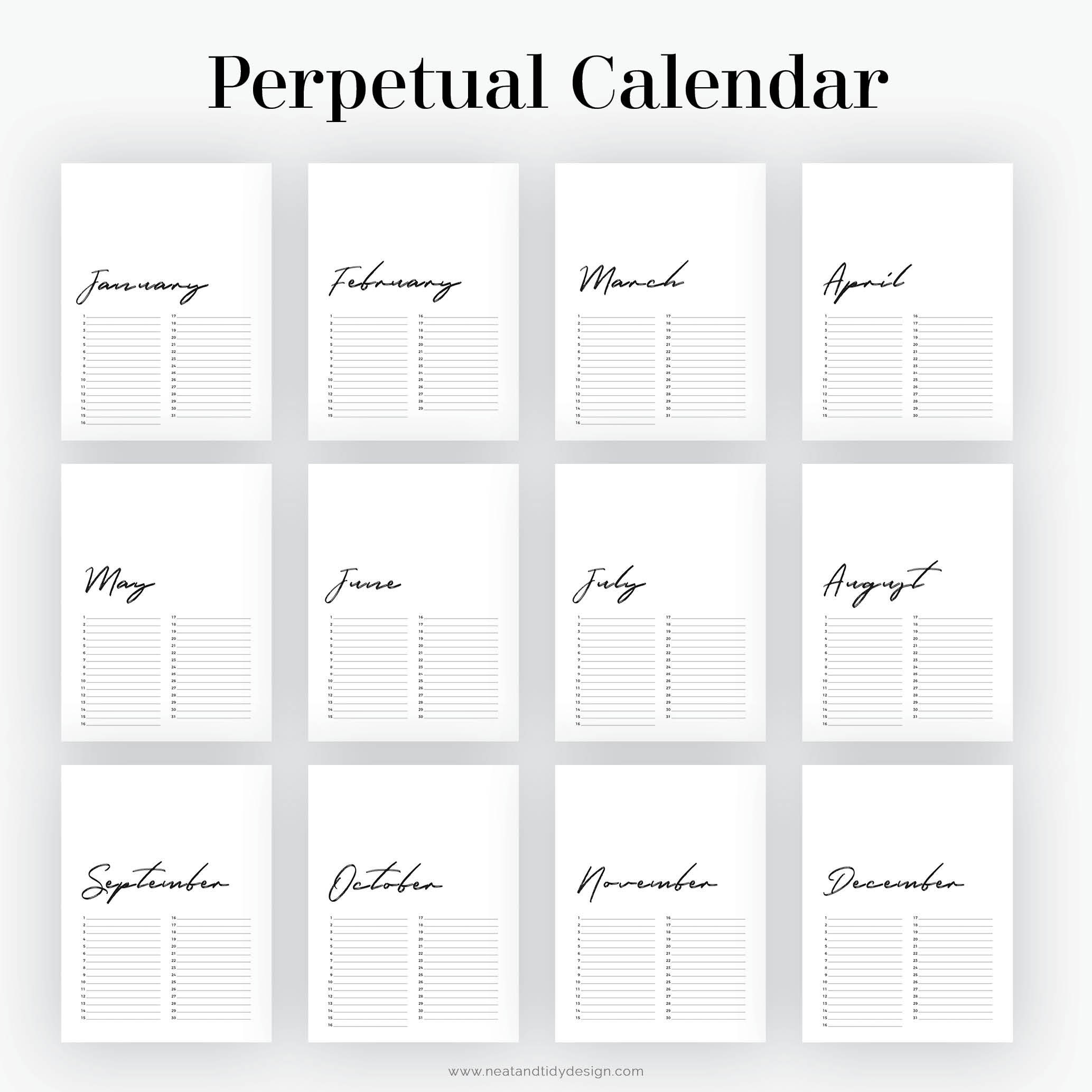 Printable Perpetual Wall Calendar brush Script Printable - Etsy