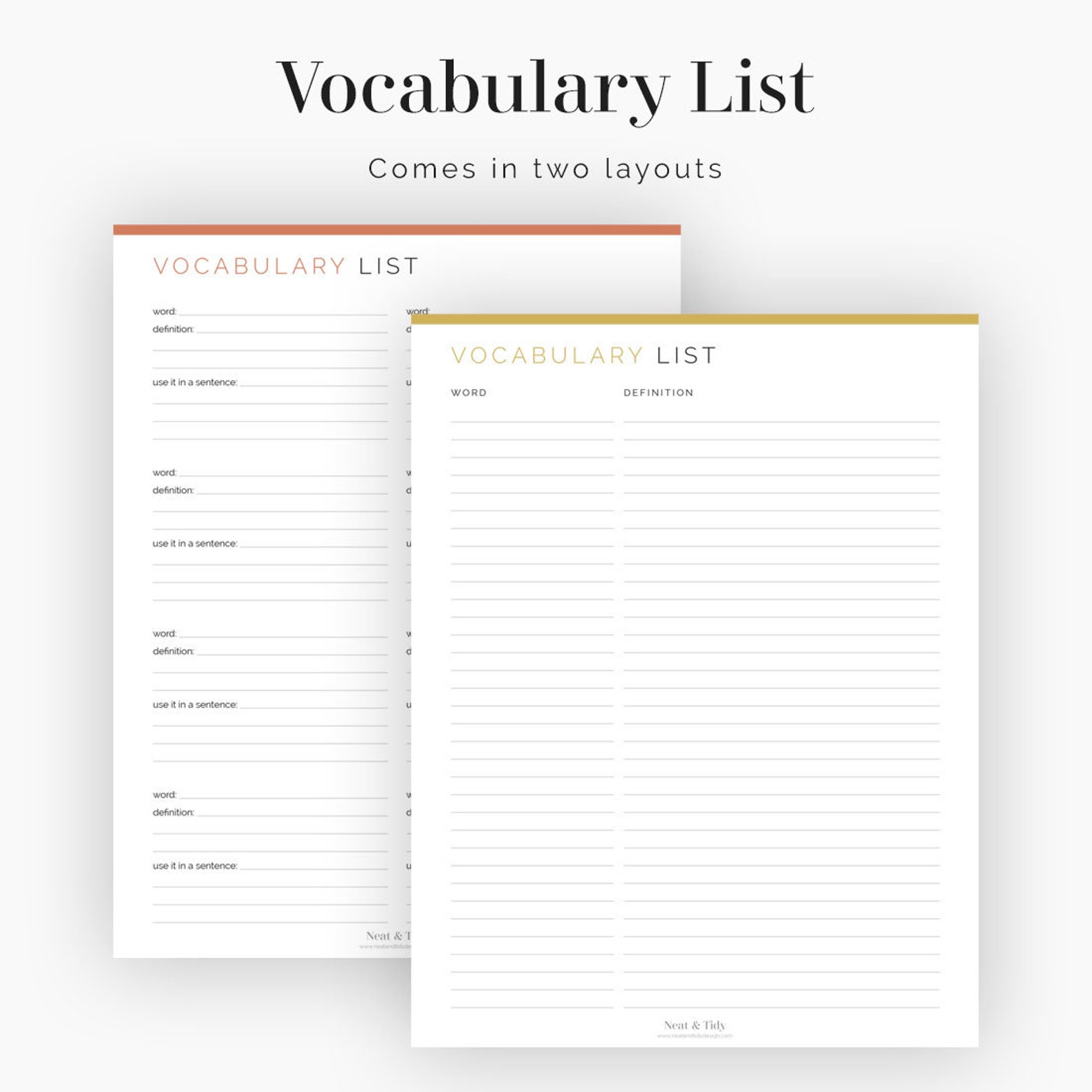 Vocabulary List - 2 Layouts - Fillable - Printable PDF - Self-education ...