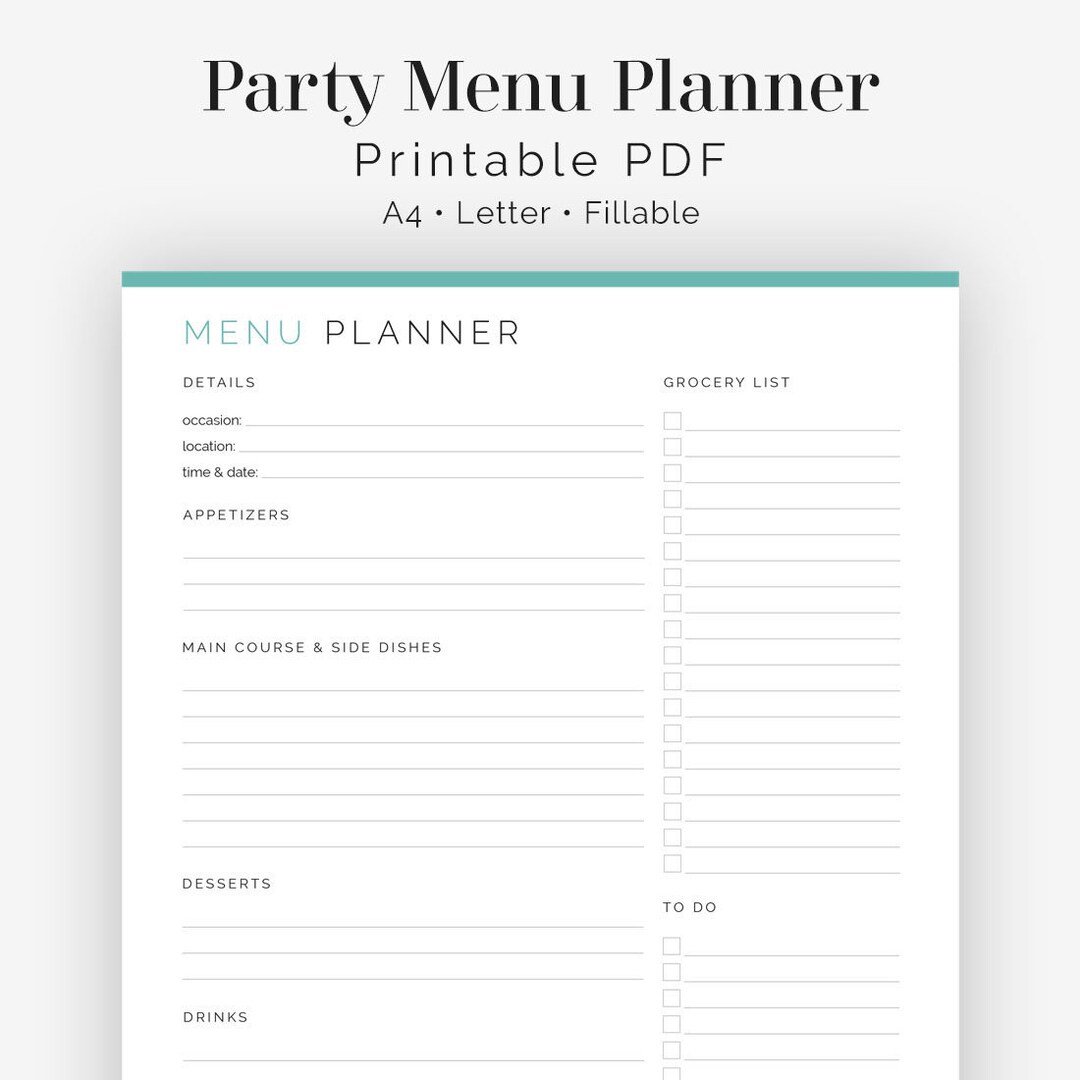 Party Menu Planner - Fillable - Printable PDF - Christmas Planner ...