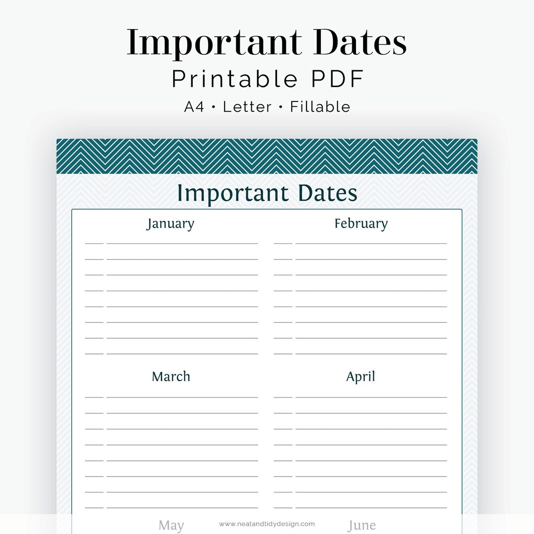 Important Dates Organizer - Fillable - Printable PDF - Instant Download ...