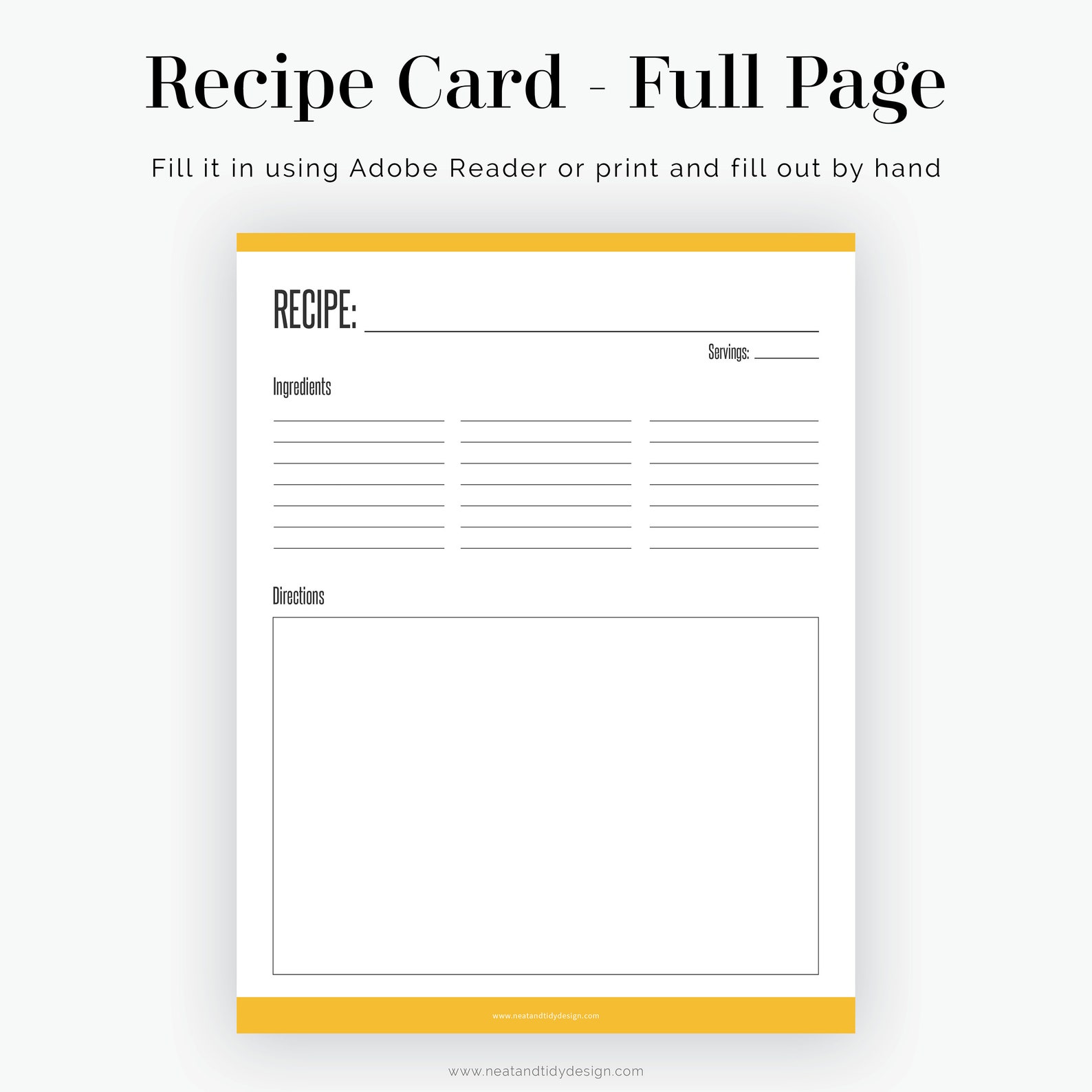 Recipe Card, Full Page Fillable Recipe Card, Letter and A4 Size Instant ...