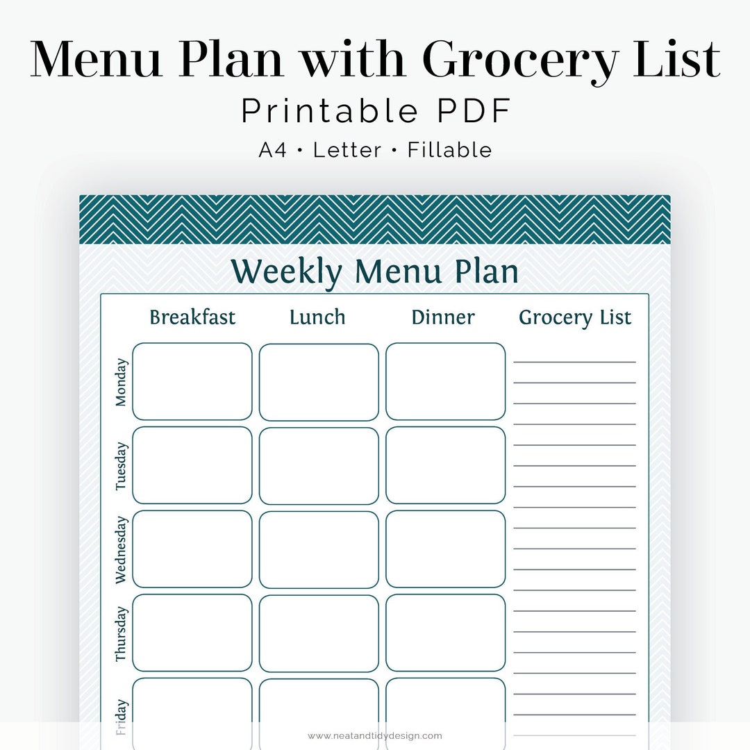 Weekly Menu Planner With Grocery List Chevron - Fillable - Printable ...