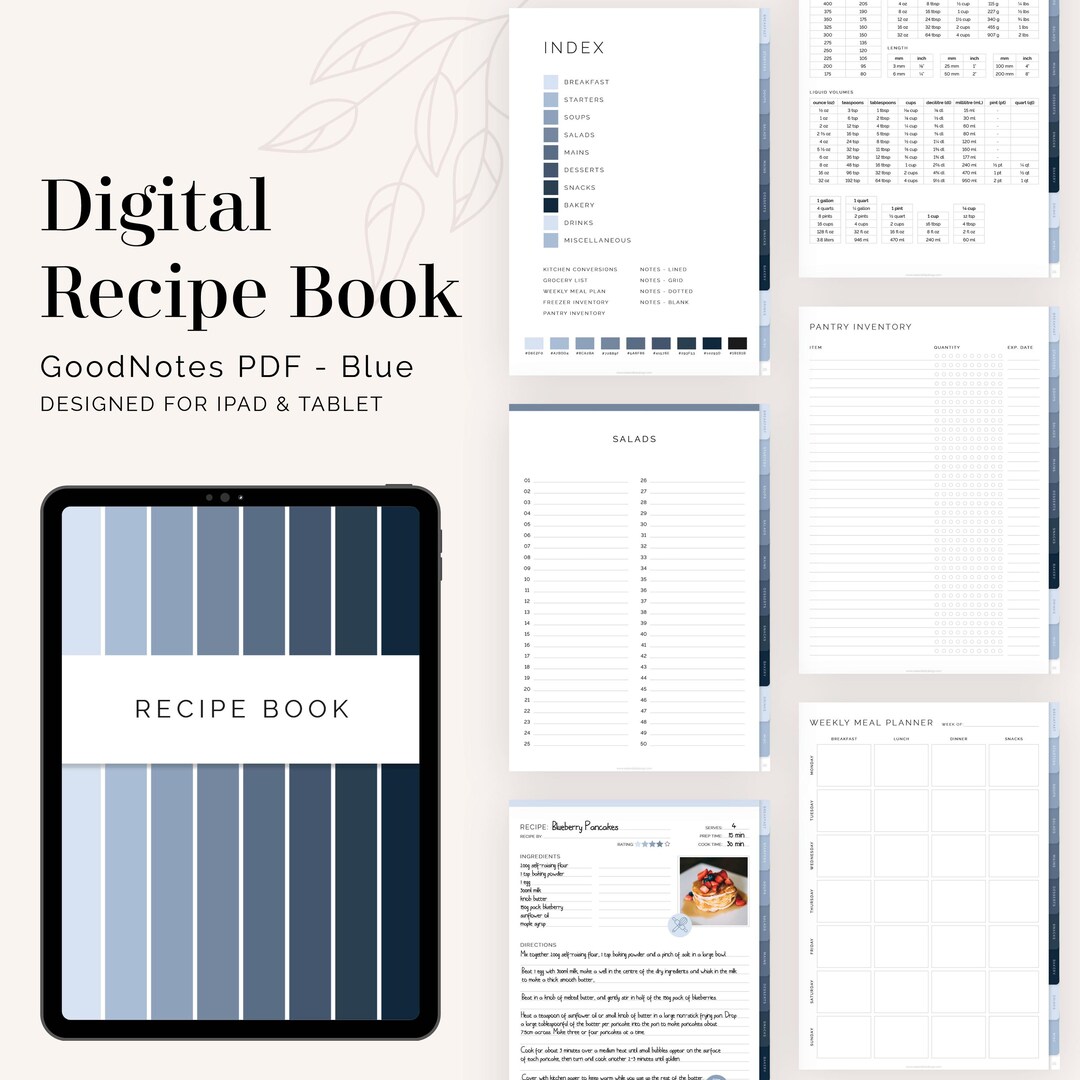 Digital Recipe Book for Goodnotes (portrait) - Hyperlinked Tabs - Blue ...