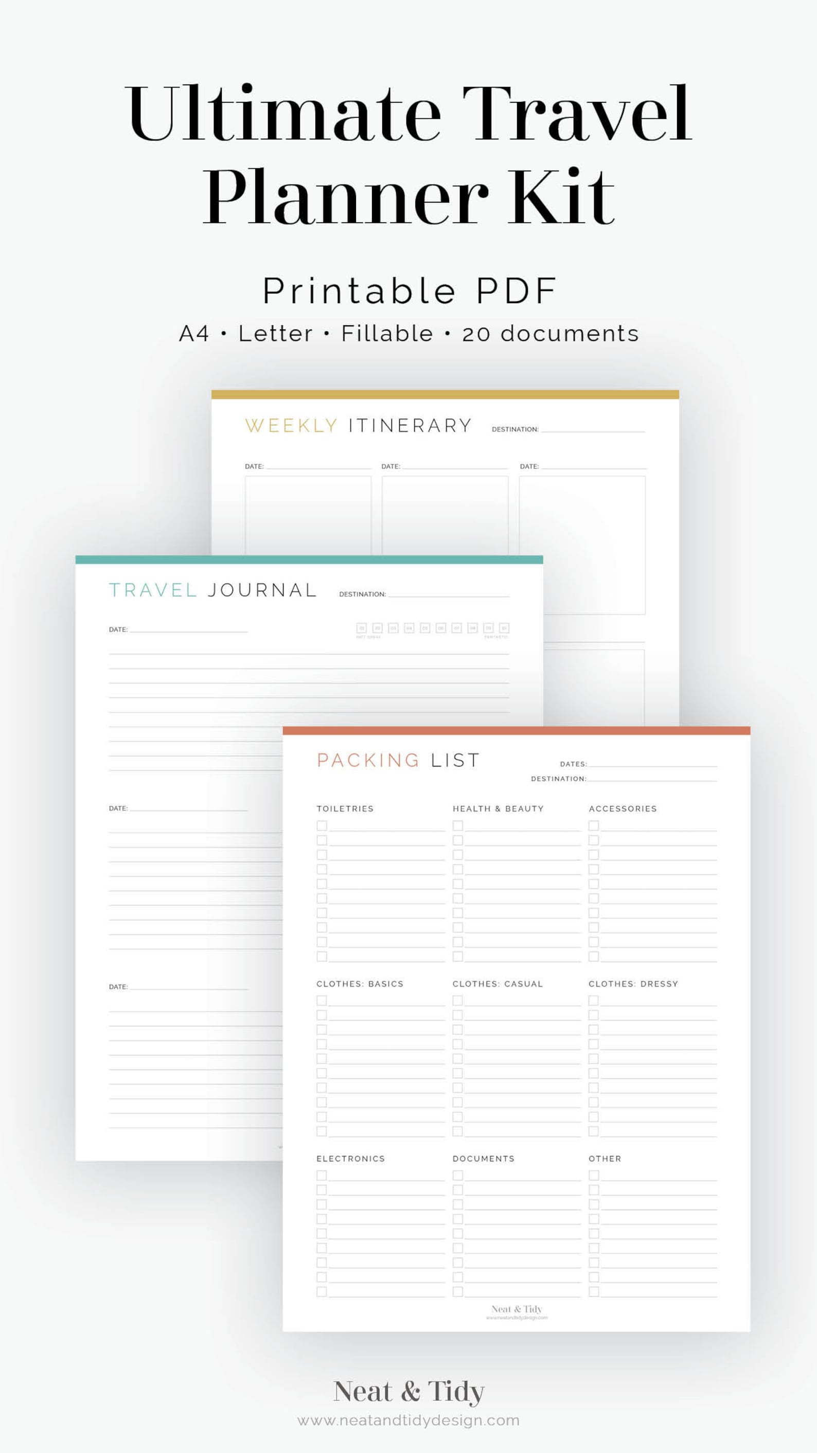 Travel Planner Kit (20 Documents) - Fillable - Printable PDF - Travel ...