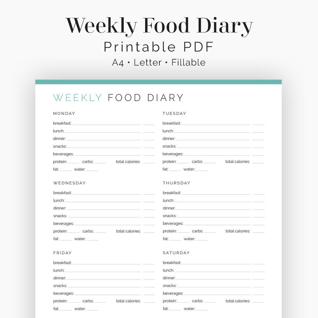 Weekly Food Diary - Fillable - Printable PDF - Health & Fitness Planner ...