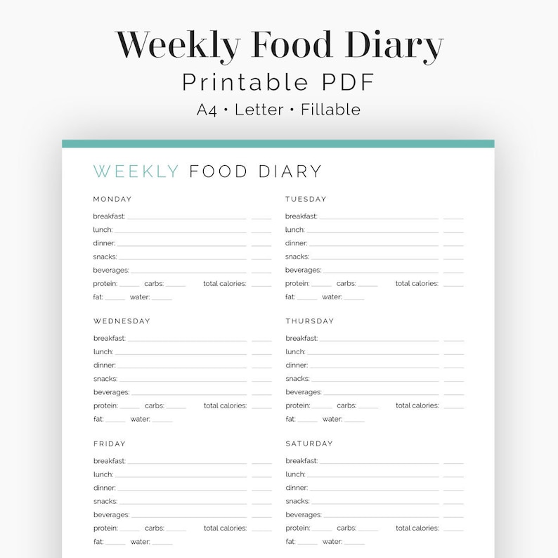 Weekly Food Diary Fillable Printable PDF Health & Fitness Planner ...