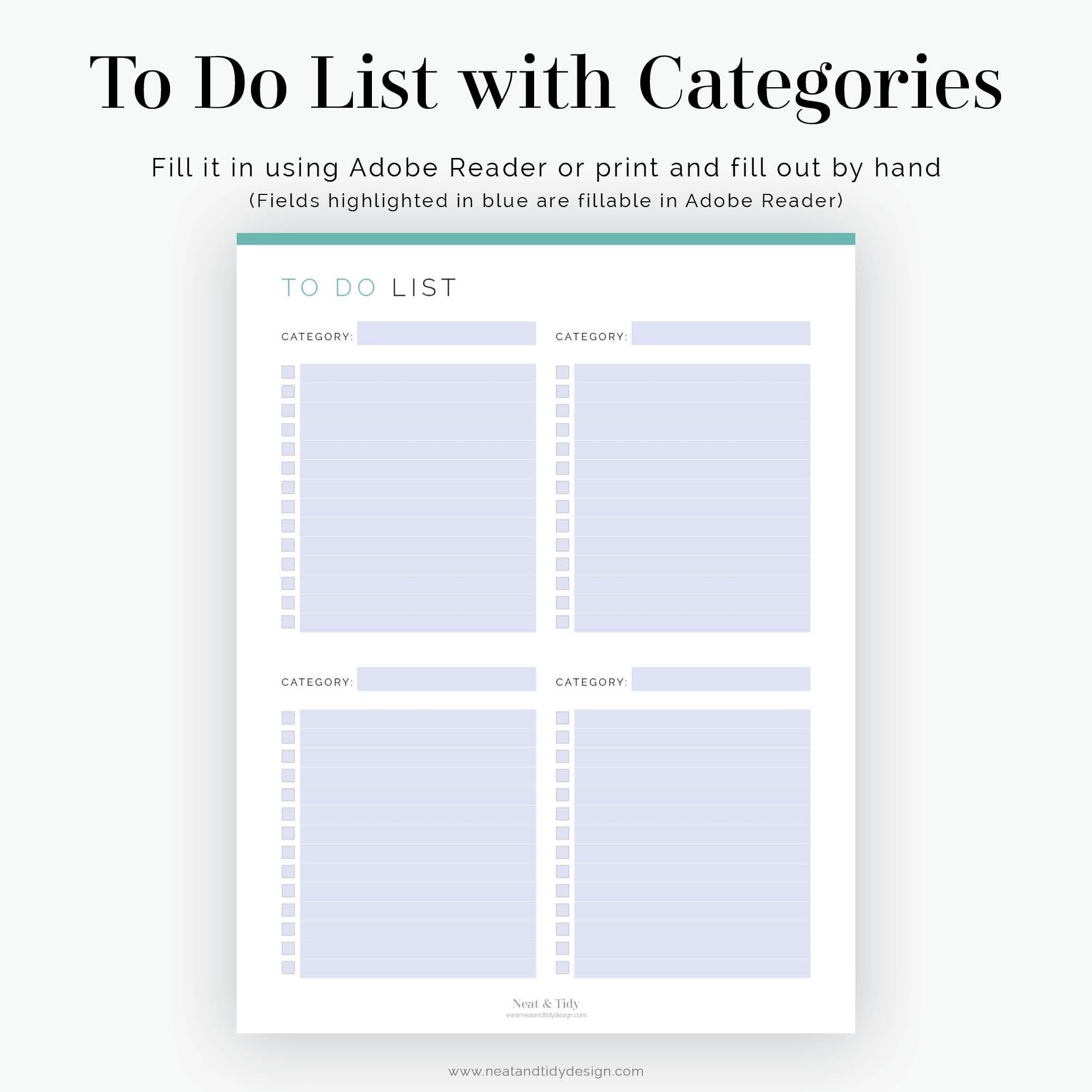 To Do List With Categories (4 Versions) - Fillable - Printable PDF ...