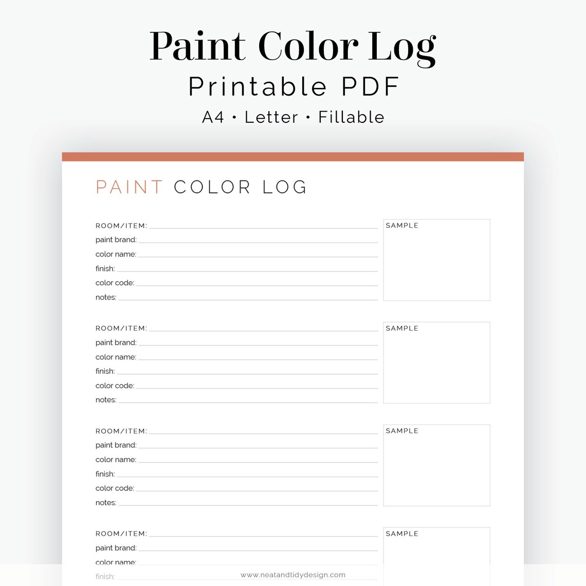 Paint Color Log Household Paint Colour Tracker Fillable - Etsy