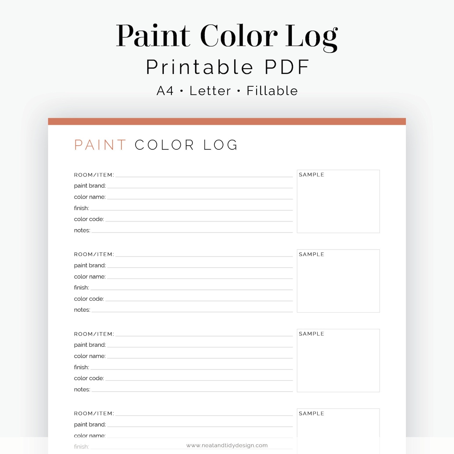 Paint Color Log - Household Paint Colour Tracker - Fillable - Printable ...