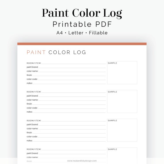 Paint Color Log Household Paint Colour Tracker Fillable - Etsy