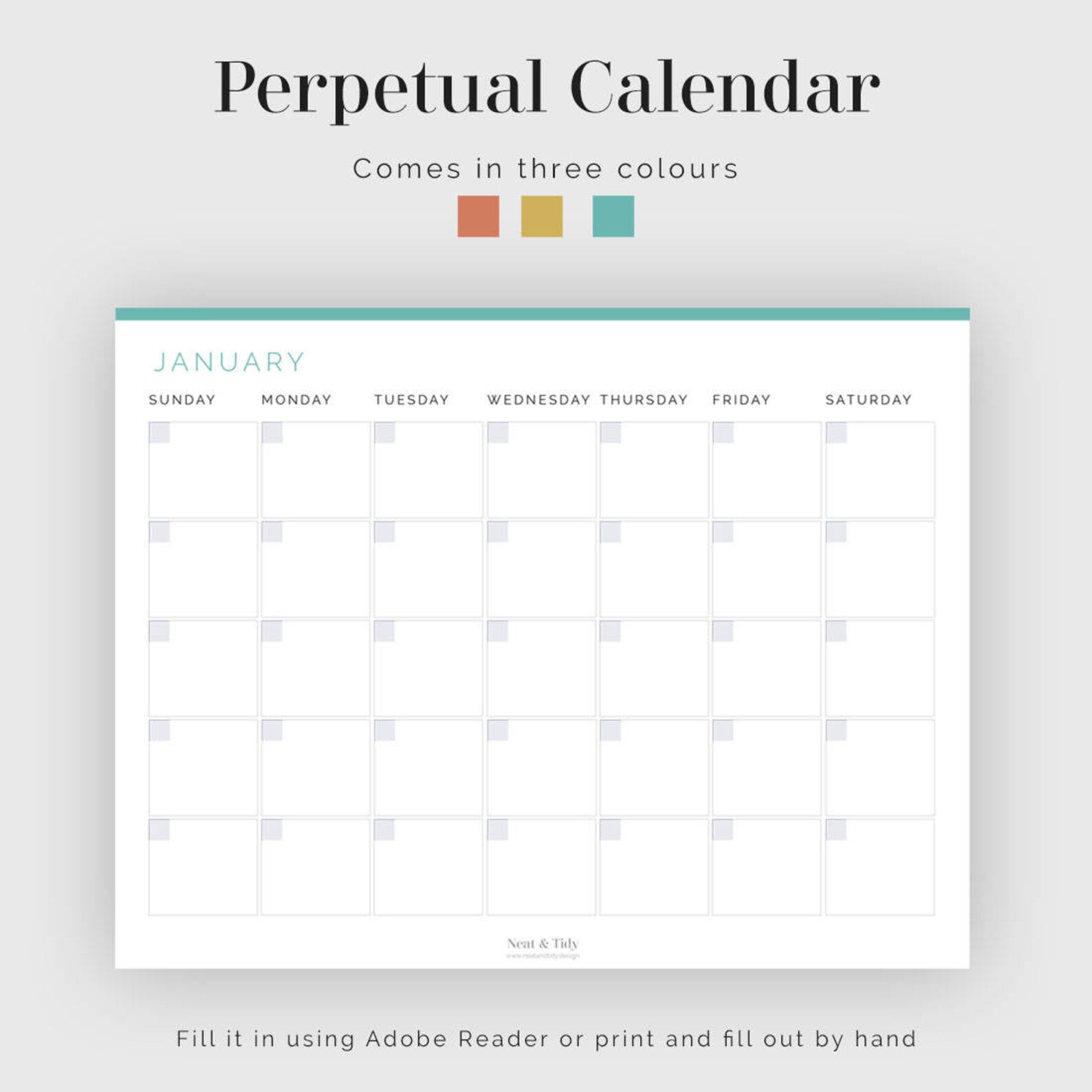 Calendario perpetuo de 12 meses Rellenable PDF imprimible | Etsy