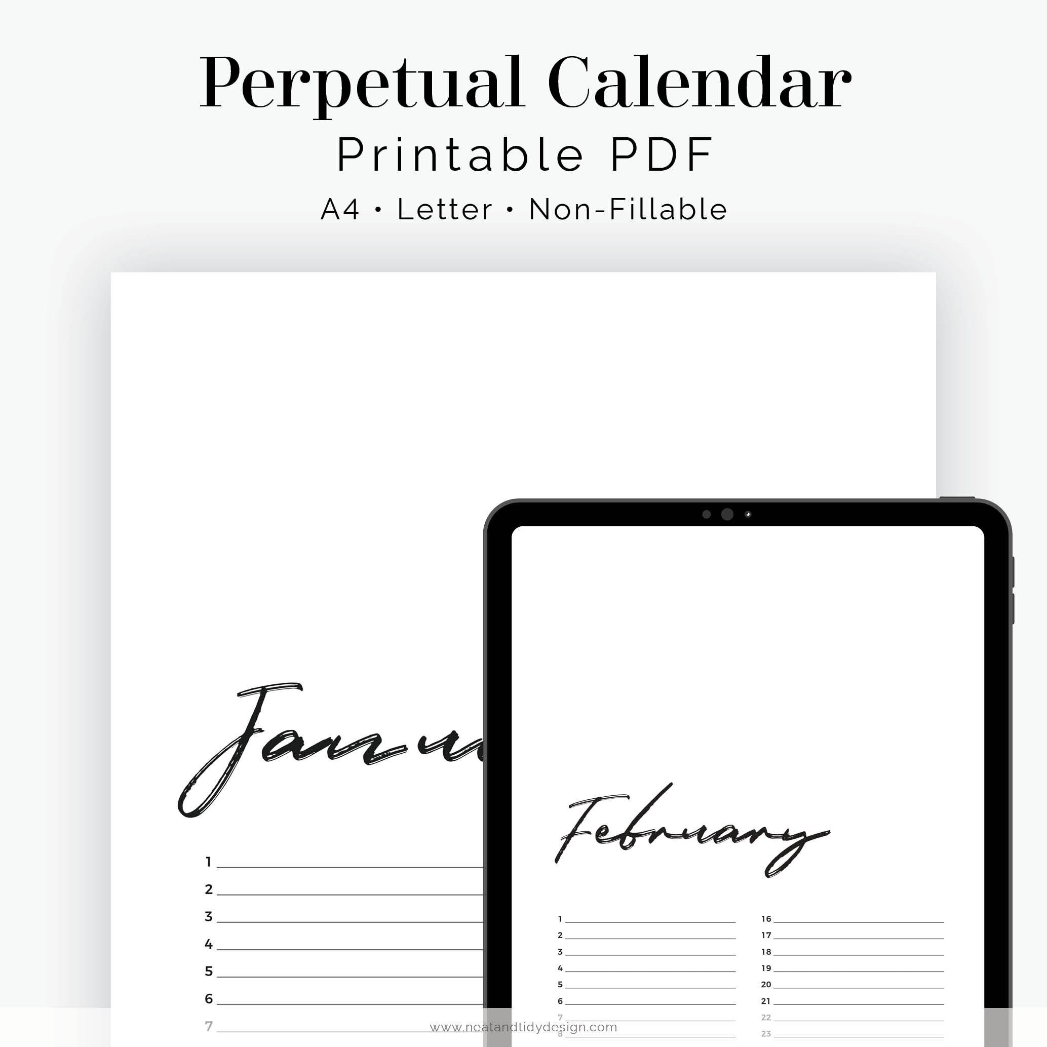 Printable Perpetual Wall Calendar brush Script Printable - Etsy