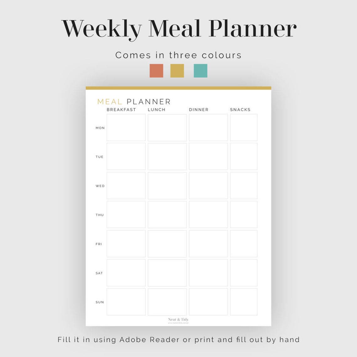 Weekly Meal Planner Sunday or Monday start Fillable | Etsy