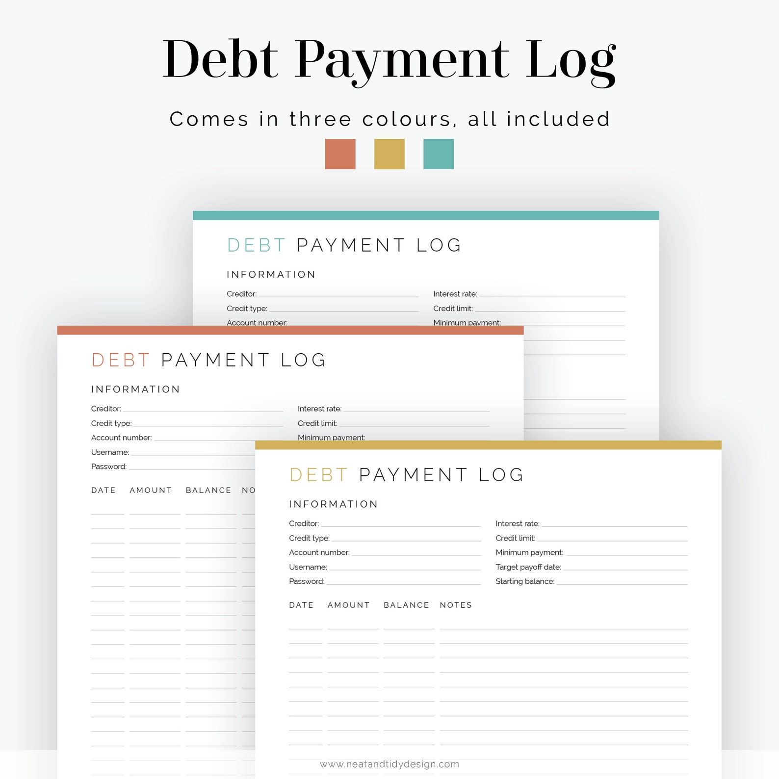 Debt Payment Log - Fillable - Printable PDF - Finance Planner - Home ...