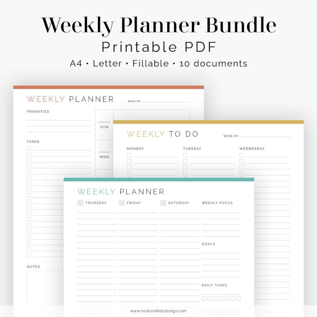 Weekly Planner Bundled Kit (10 Documents) - Fillable - Printable PDF ...