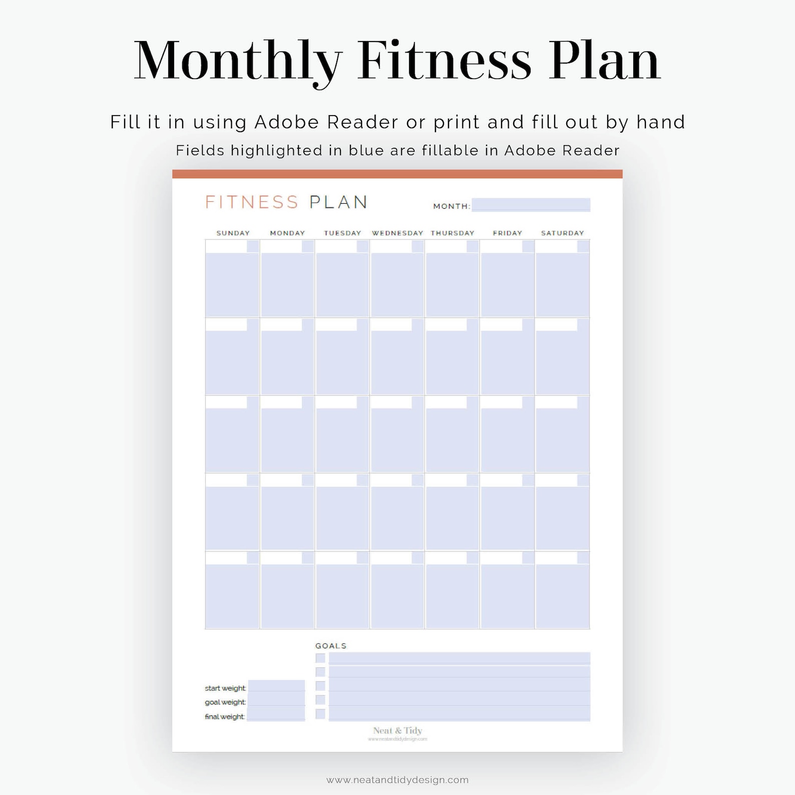 Monthly Fitness Plan Fillable Printable PDF Exercise Calendar, Workout ...