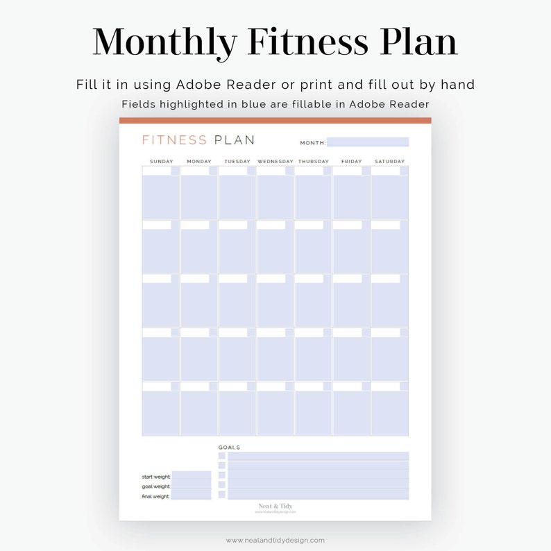 Monthly Fitness Plan Fillable Printable PDF Exercise Calendar, Workout ...