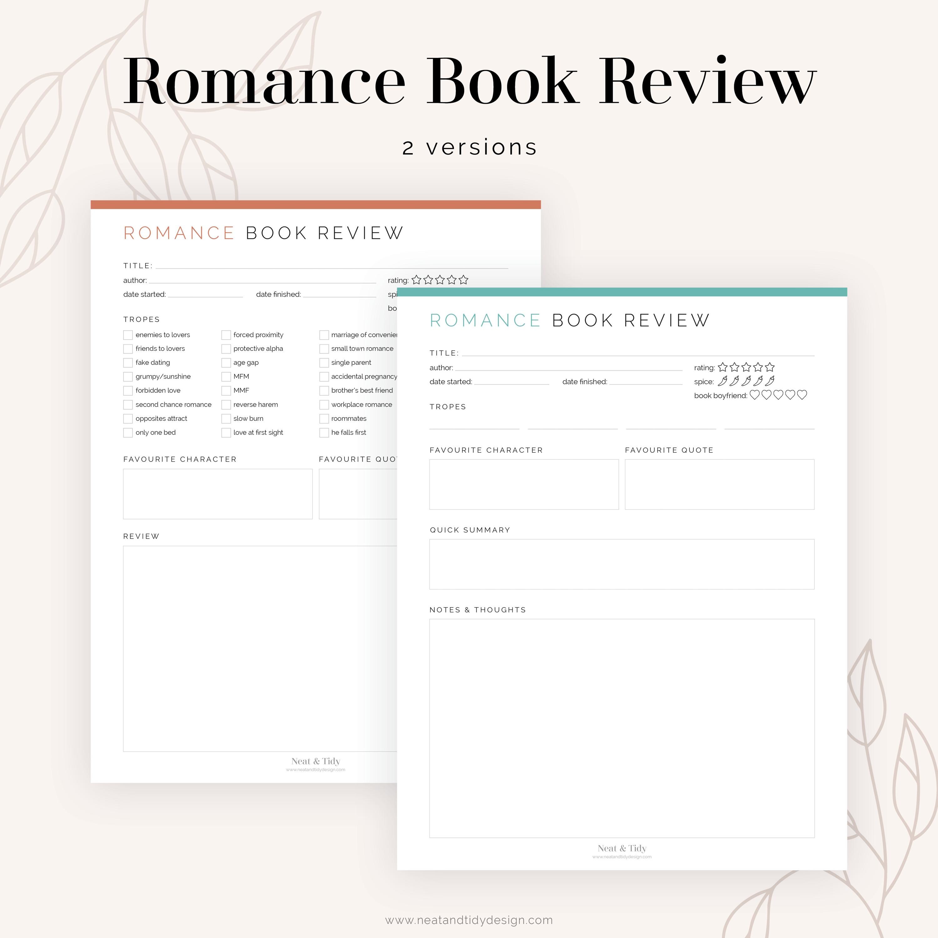 Romance Book Review Printable | Review Template for Romance Novels ...