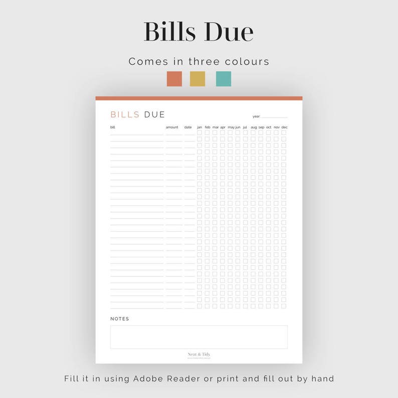 Bills Due Fillable Printable PDF Finance Planner | Etsy