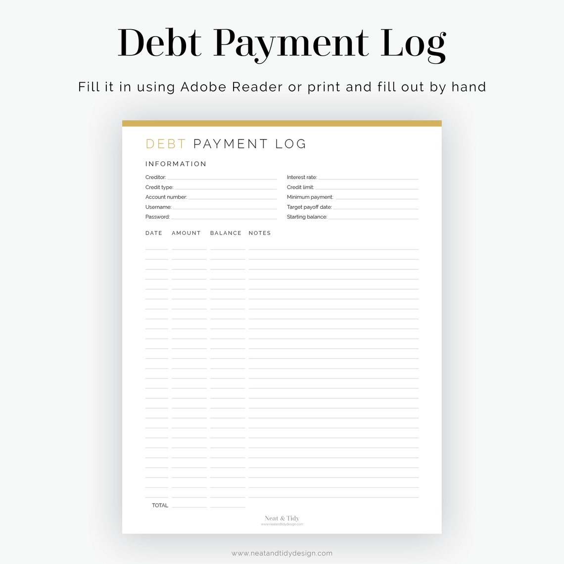 Debt Payment Log Fillable Printable PDF Finance Planner Home Management ...