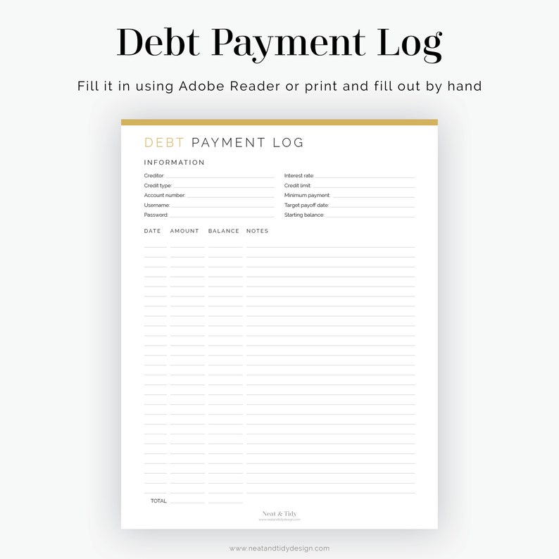 Debt Payment Log - Fillable - Printable PDF - Finance Planner - Home ...