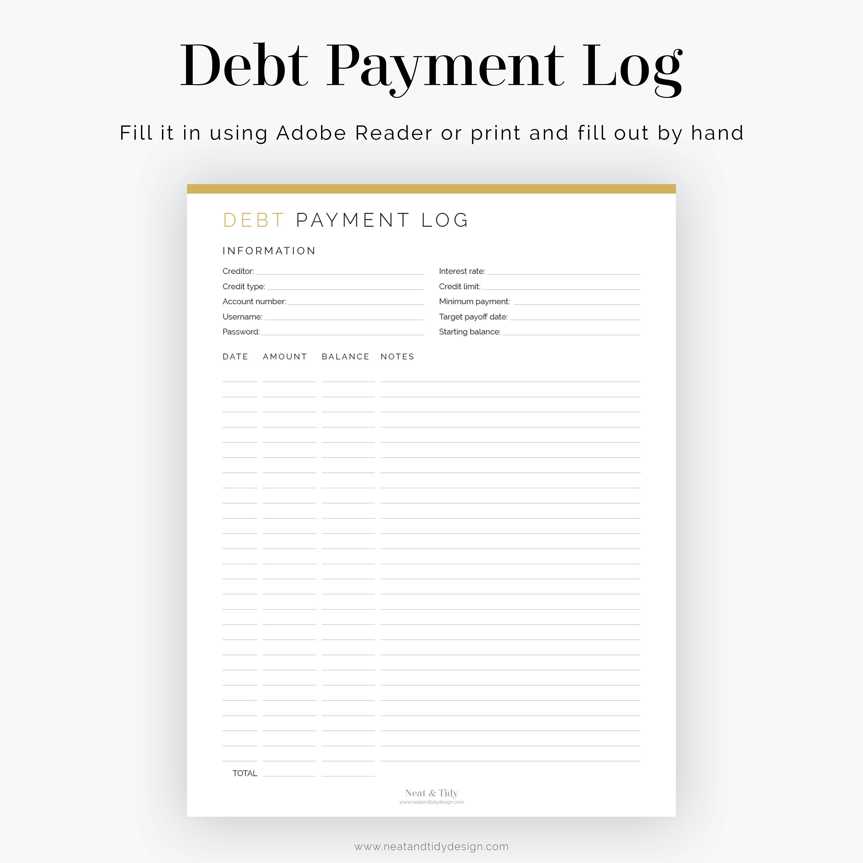 Debt Payment Log - Fillable - Printable PDF - Finance Planner - Home ...