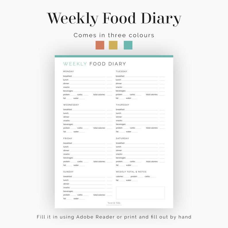 Diario alimentare settimanale - Compilabile - PDF stampabile - Planner ...