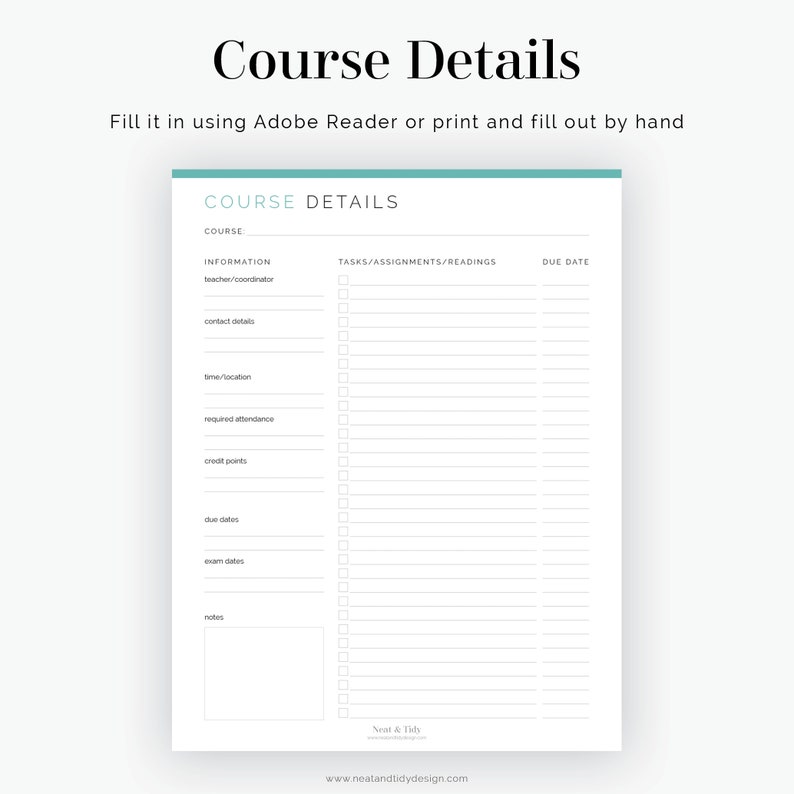 Course Details - Fillable - Printable PDF - Student Planner, High ...