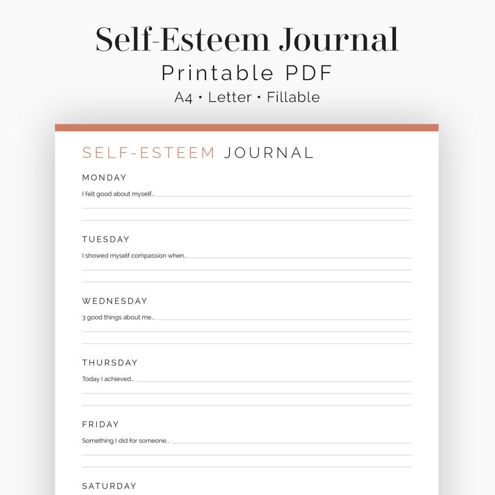 Self-esteem Journal - Fillable - Printable PDF - Journaling, Self-care ...