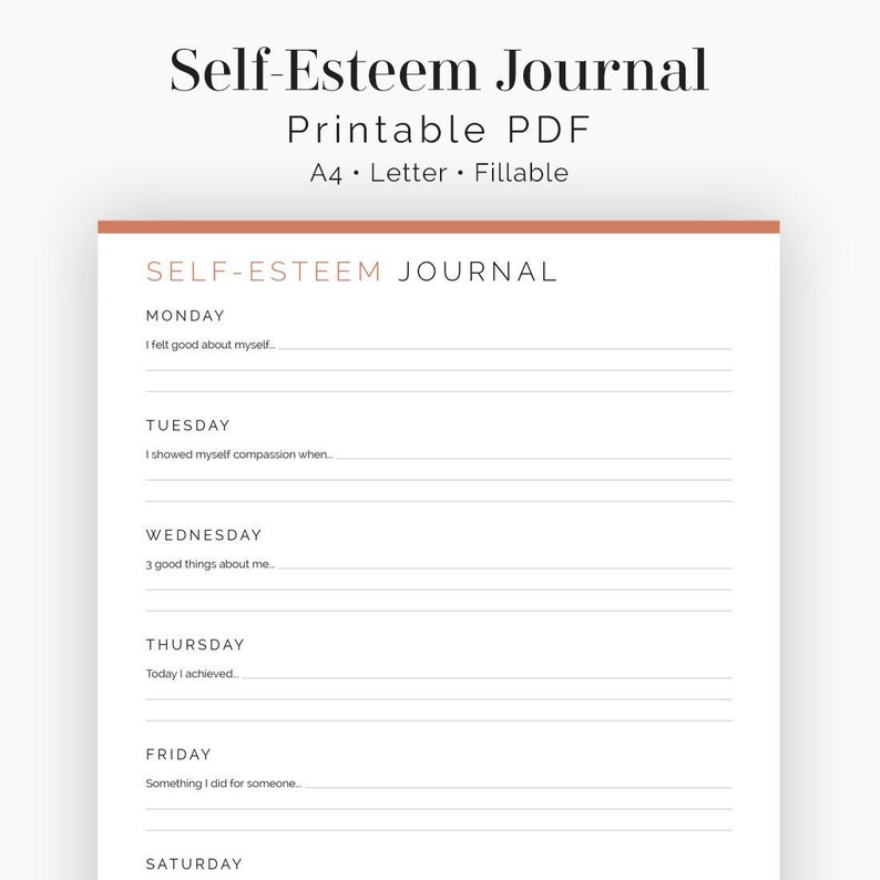 Self-esteem Journal - Fillable - Printable PDF - Journaling, Self-care ...