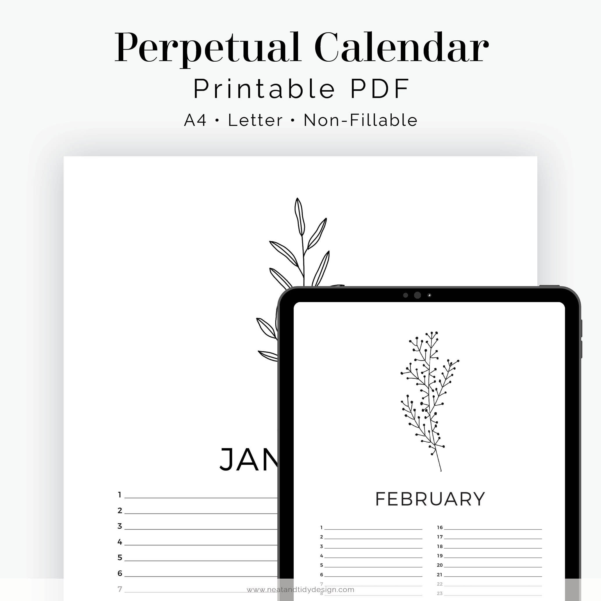 Printable Perpetual Wall Calendar floral Illustration Printable PDF ...