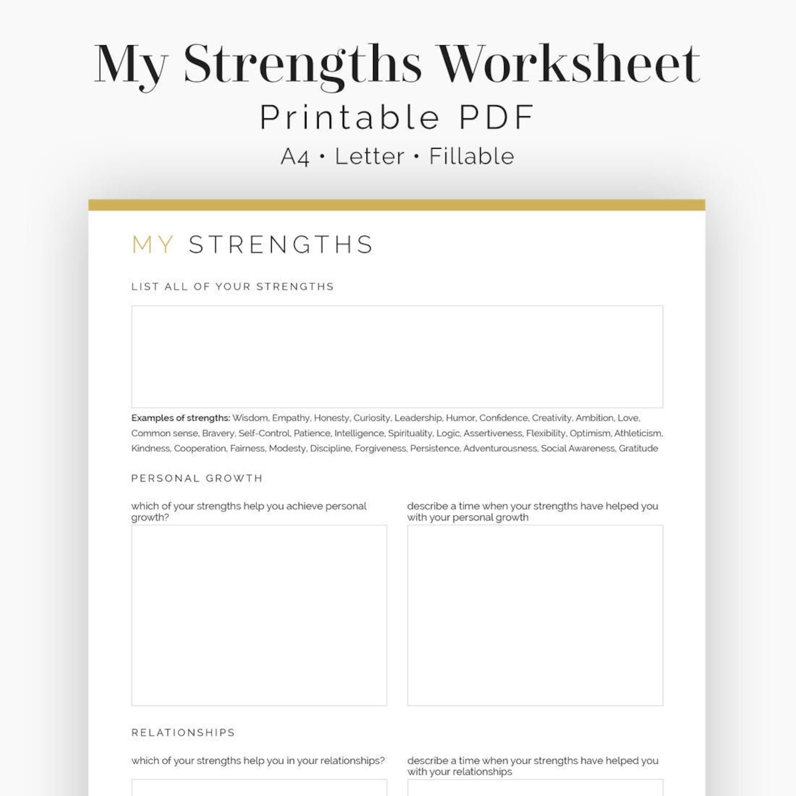My Strengths Worksheet - Fillable - Printable PDF - Mental Health ...