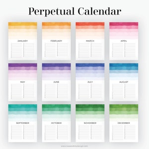Printable Perpetual Wall Calendar (colourful Gradient) - Printable PDF ...