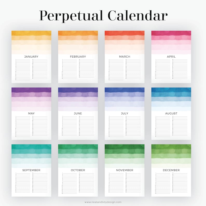 Printable Perpetual Wall Calendar (colourful Gradient) - Printable PDF ...