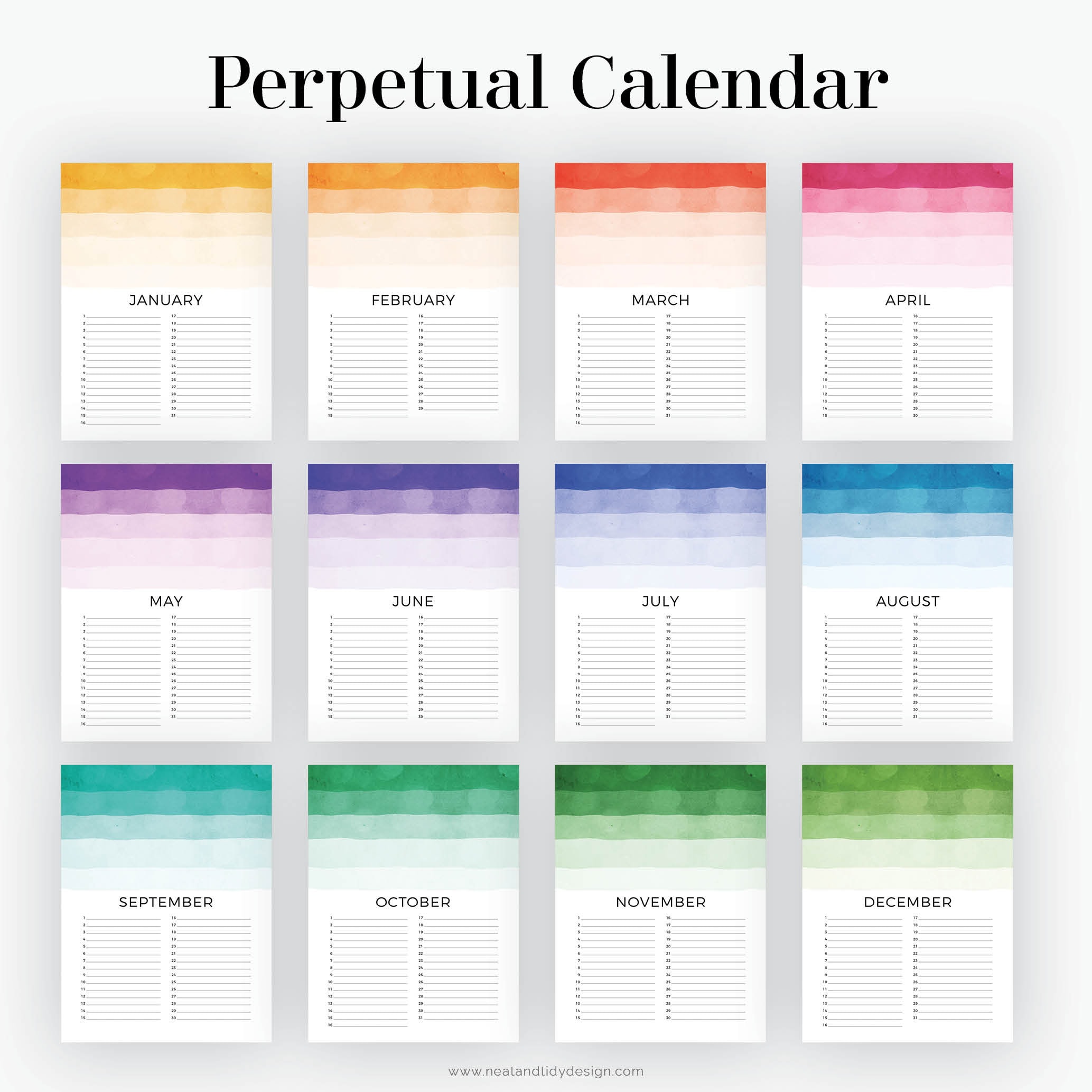 Printable Perpetual Wall Calendar (colourful Gradient) - Printable PDF ...