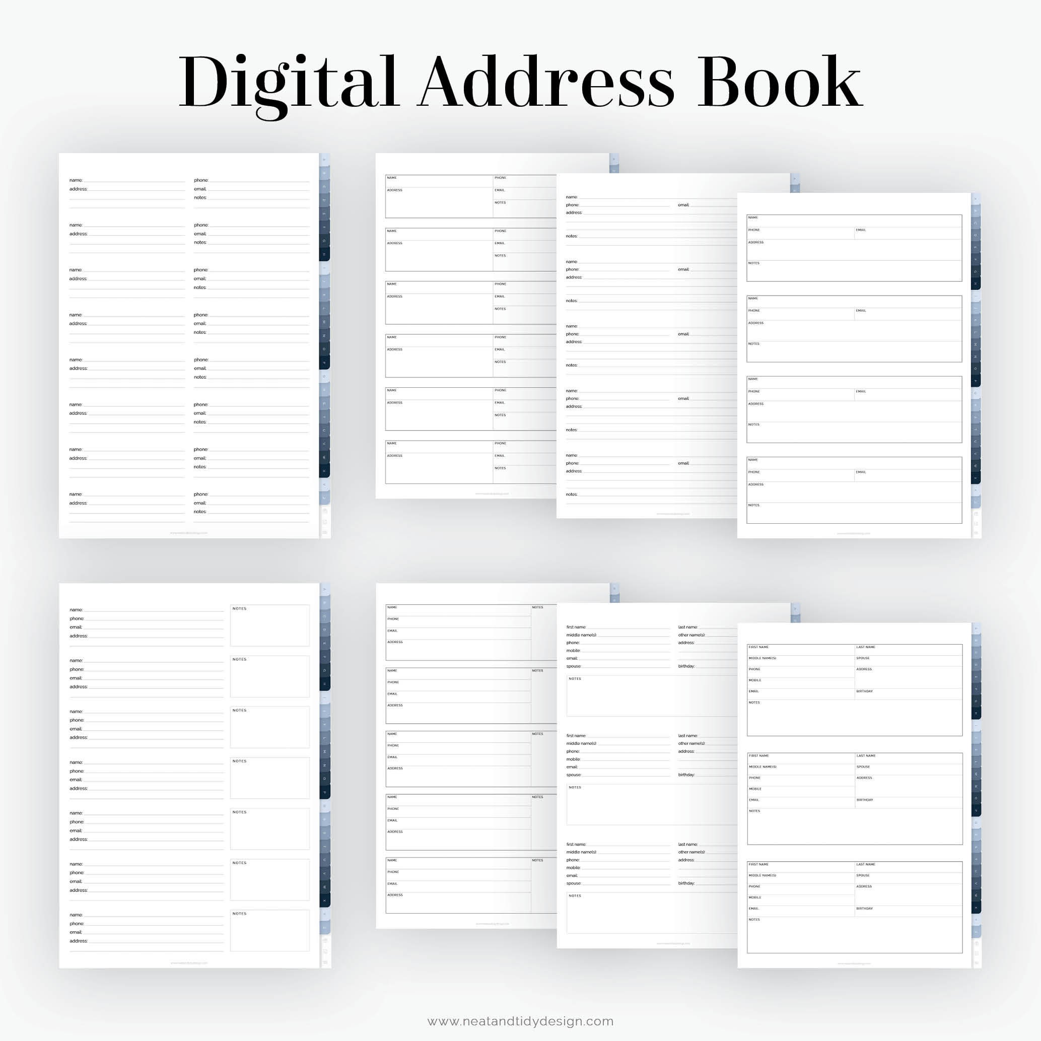 Digital Address Book for Goodnotes & Notability blue Hyperlinked ...