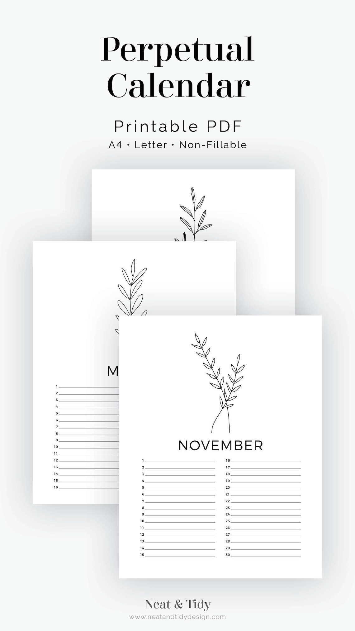 Printable Perpetual Wall Calendar floral Illustration Printable PDF ...
