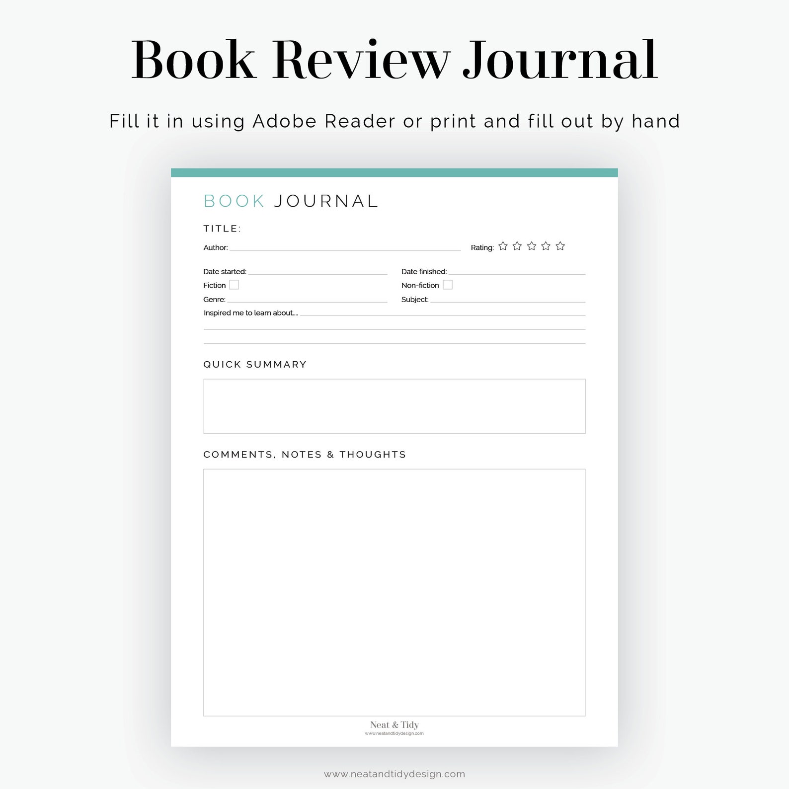 Book Review Journal, Book Log - Fillable - Printable PDF - Part of the ...
