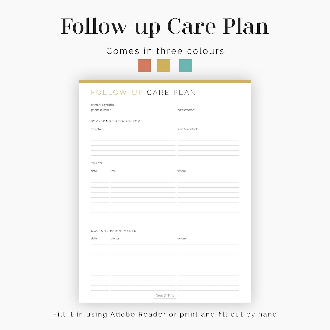 Follow-up Care Plan - Fillable - Treatment Planner, Healthcare Planner ...